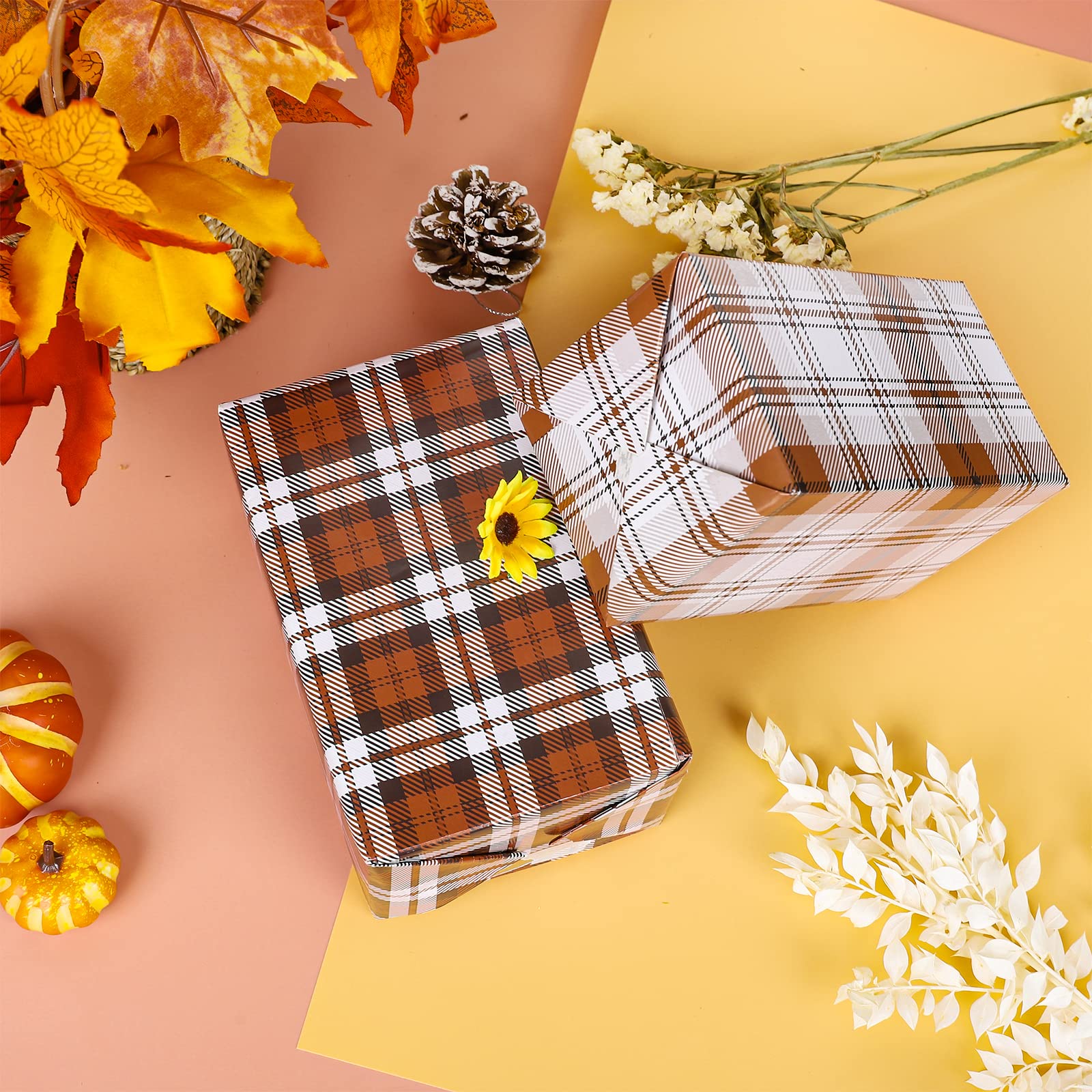 Whaline 12 Sheet Fall Gift Wrapping Paper 6 Design Orange Buffalo Plaids Printed Wrapping Sheet Autumn Theme Decorative Art DIY Craft Paper for Fall Celebration Gift Packing, 19.7 x 27.6 Inch