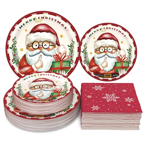 Homlouue 200 PCS Christmas Paper Plates and Napkins, Cute Cartoon Santa Claus Christmas Party Supplies, Christmas Disposable Dinnerware Set, Watercolor Holiday Party Plates for Christmas Serves 50