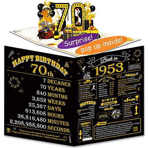 70th Birthday Pop Up Cards for Women or Men, 3D Greeting Card with Gilding Poster Cover, Funny 70th Birthday Gifts Idea for Party Supplies, Unique 70 Year Anniversary For Mom Dad, Back In 1953, Jumbo