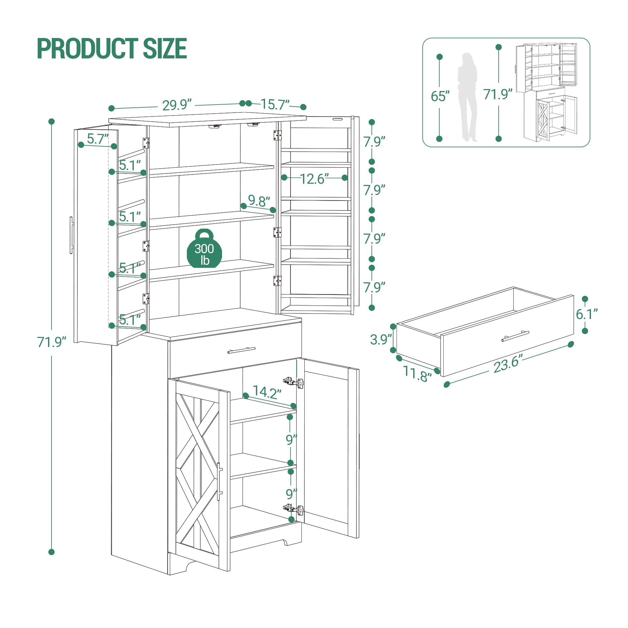 Hzuaneri 72" Kitchen Pantry Storage Cabinet, Tall Pantry Cabinet with Barn Doors & 7 Adjustable Shelves, Drawer, Freestanding Buffet Cupboards Sideboard for Kitchen, Dining Room, White PT02403X