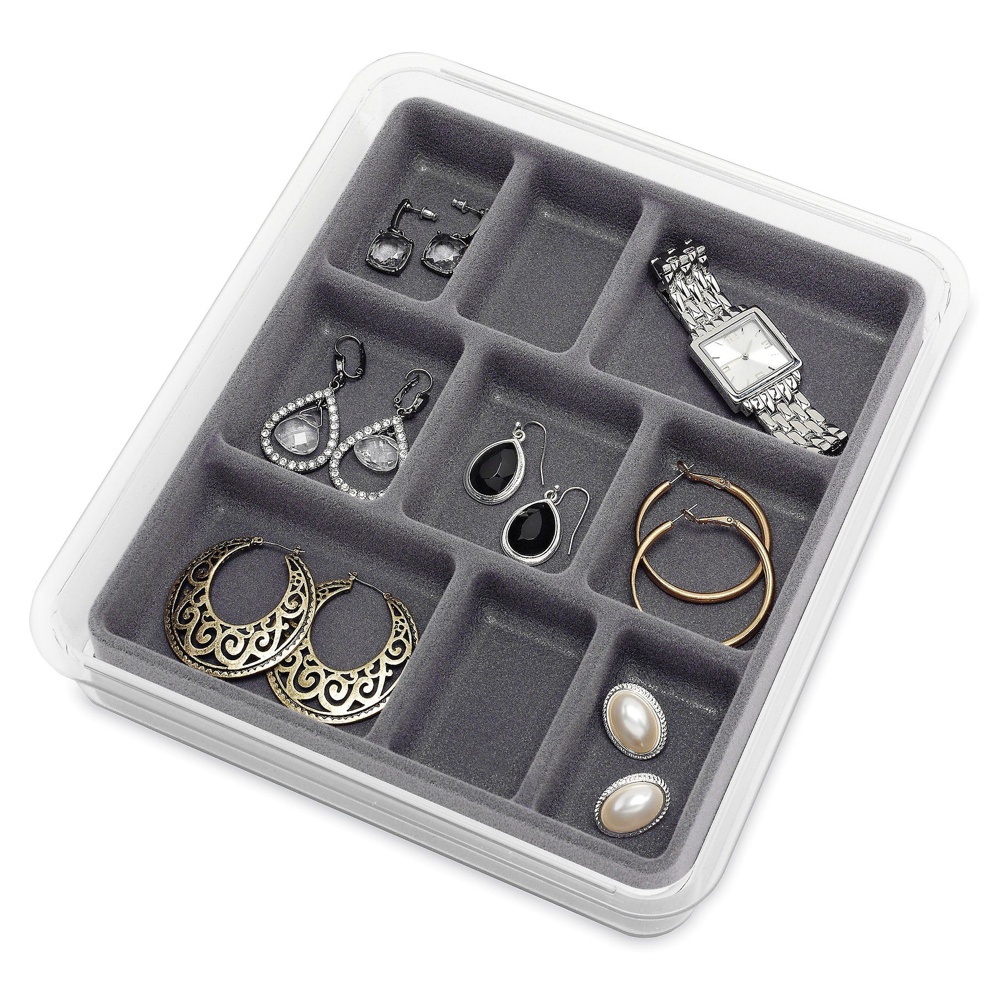 Whitmor Stackable 9 Section Jewelry Tray, Grey,White