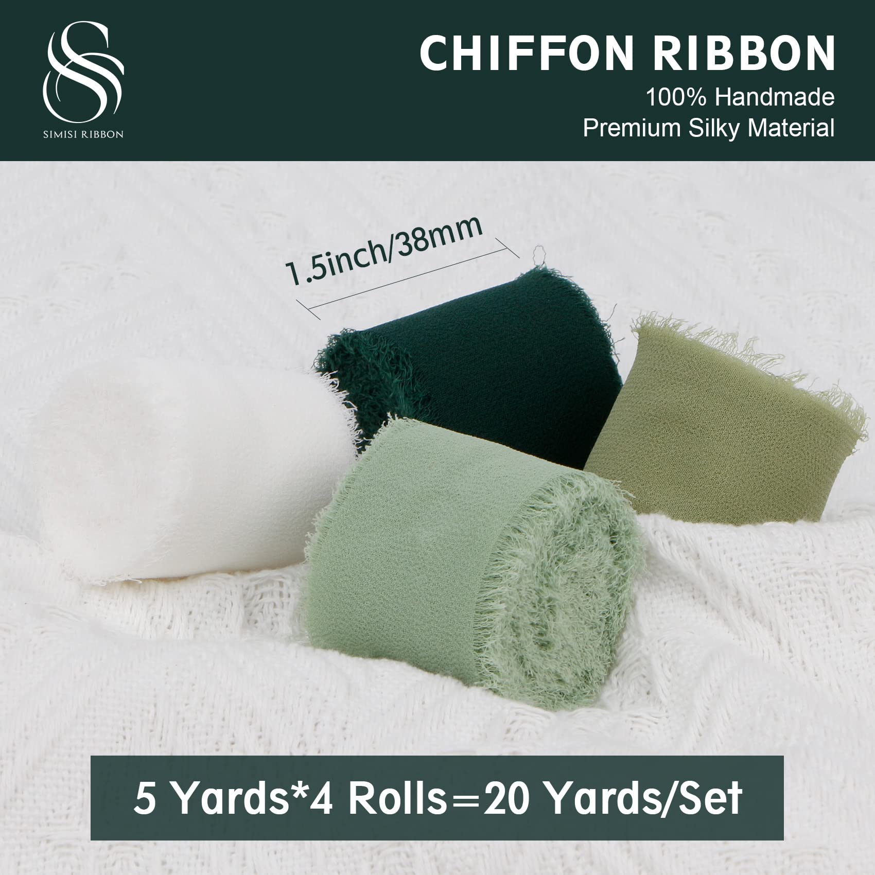 Chiffon Silk Ribbon Green & White Handmade Frayed Fringe Sheer Boho Ribbon for Flower Bouquet, Gift Wrapping, Wedding Invitations, 1-1/2'' 5 Yards*4 Rolls