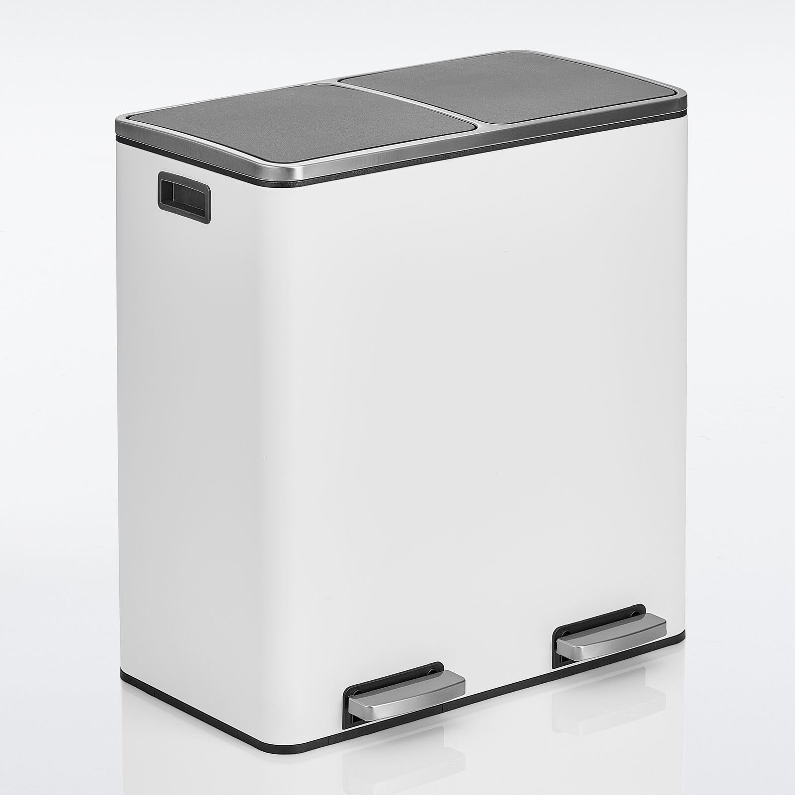 mDesign Metal Steel 16 Gallon/60-Liter, Large Dual Compartment Step Trash Can; Double Bin Trash Can/Recycler Combo for Kitchen; Holds Garbage, Recycling; Features Two Removable Liner Buckets - White