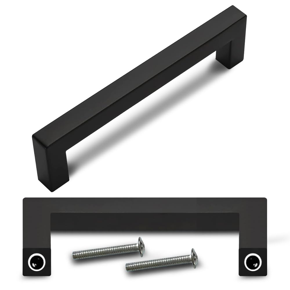 PARTILIA Matte Black Cabinet Pulls for Kitchen and Bathroom Drawers, Doors, Pantry, and Cupboards, 10 Pack, 5 Inch Hole-to-Hole Stainless Steel Handles, Modern Farmhouse Hardware