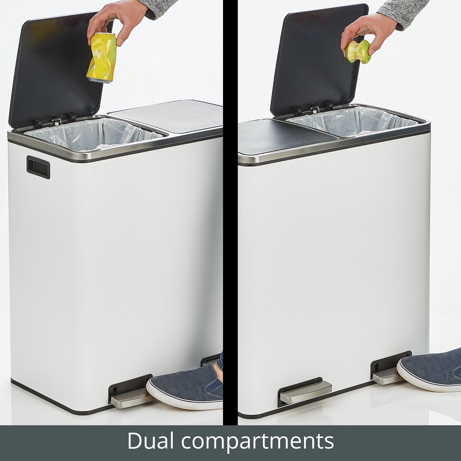 mDesign Metal Steel 16 Gallon/60-Liter, Large Dual Compartment Step Trash Can; Double Bin Trash Can/Recycler Combo for Kitchen; Holds Garbage, Recycling; Features Two Removable Liner Buckets - White