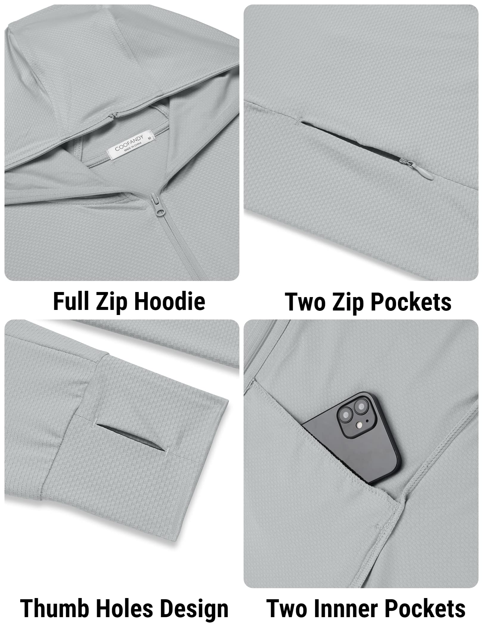 COOFANDY Men Full Zip UPF 50 Sun Protection Hoodie Jacket Long Sleeve Lightweight Breathable UV Shirts with Pockets