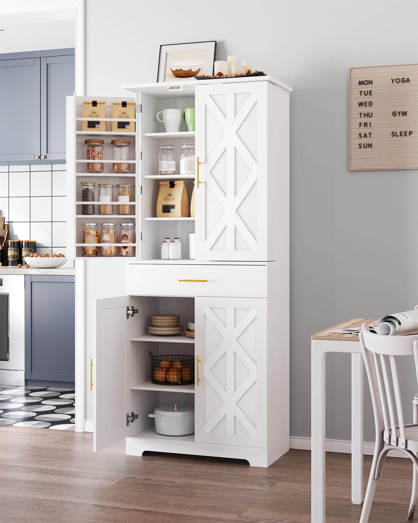 Hzuaneri 72" Kitchen Pantry Storage Cabinet, Tall Pantry Cabinet with Barn Doors & 7 Adjustable Shelves, Drawer, Freestanding Buffet Cupboards Sideboard for Kitchen, Dining Room, White PT02403X
