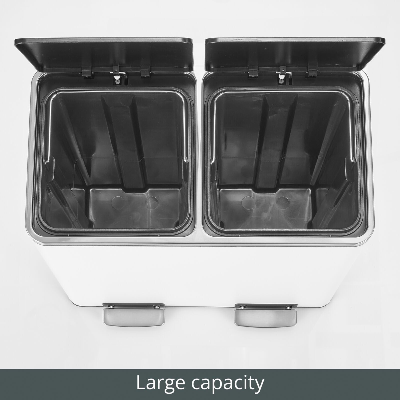 mDesign Metal Steel 16 Gallon/60-Liter, Large Dual Compartment Step Trash Can; Double Bin Trash Can/Recycler Combo for Kitchen; Holds Garbage, Recycling; Features Two Removable Liner Buckets - White