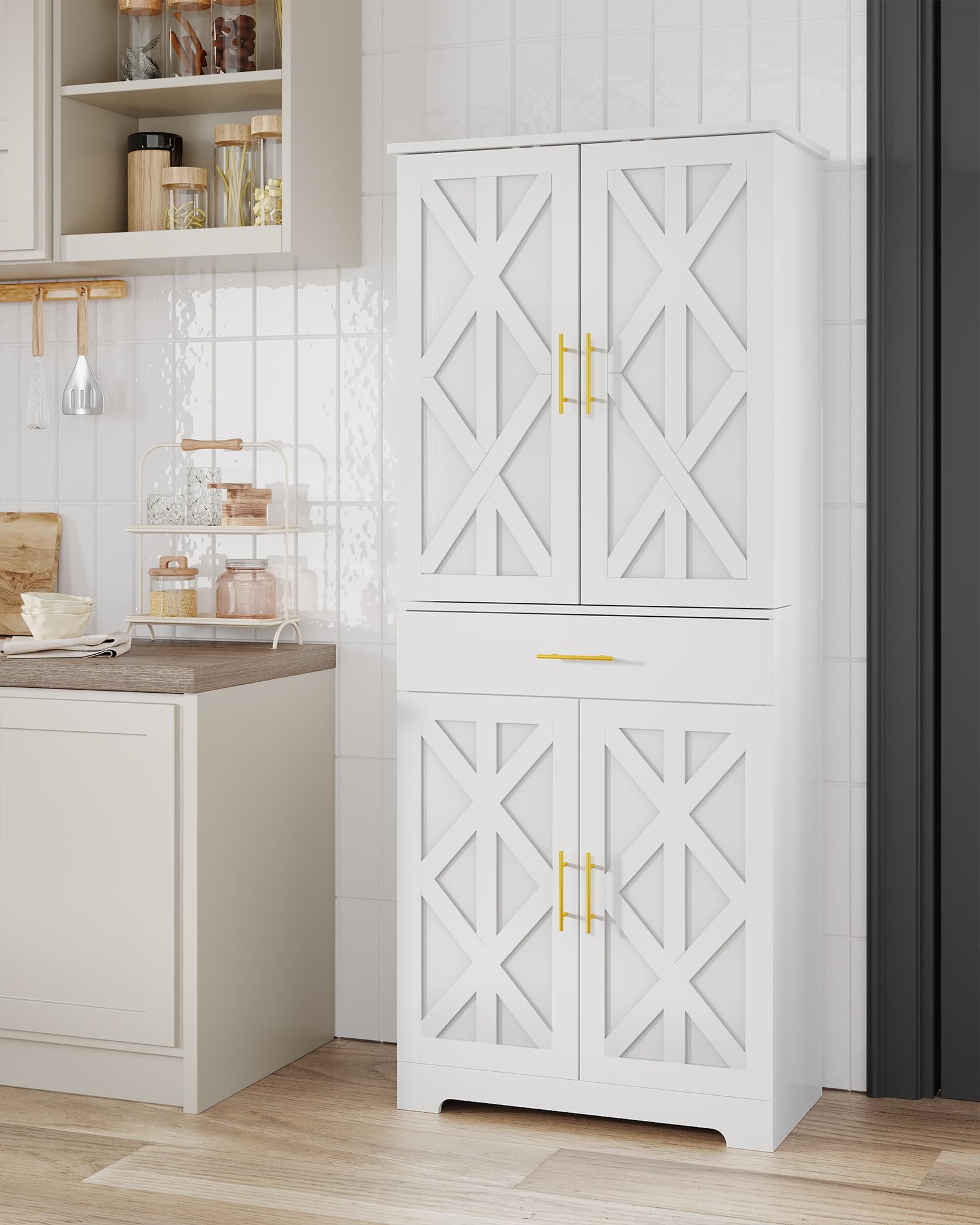 Hzuaneri 72" Kitchen Pantry Storage Cabinet, Tall Pantry Cabinet with Barn Doors & 7 Adjustable Shelves, Drawer, Freestanding Buffet Cupboards Sideboard for Kitchen, Dining Room, White PT02403X