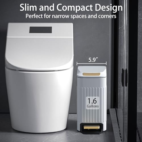 CEROELDA Small Bathroom Trash Can with Plastic Lid, 6L/1.6 Gal Stainless Steel Slim Garbage Can-Metal Wastebasket-Rectangle Pedal Step Trash Bin -for Narrow Kitchen Bedroom Office Toilet-White