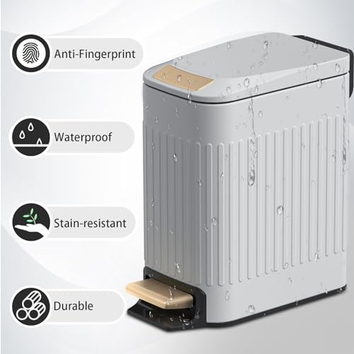 CEROELDA Small Bathroom Trash Can with Plastic Lid, 6L/1.6 Gal Stainless Steel Slim Garbage Can-Metal Wastebasket-Rectangle Pedal Step Trash Bin -for Narrow Kitchen Bedroom Office Toilet-White