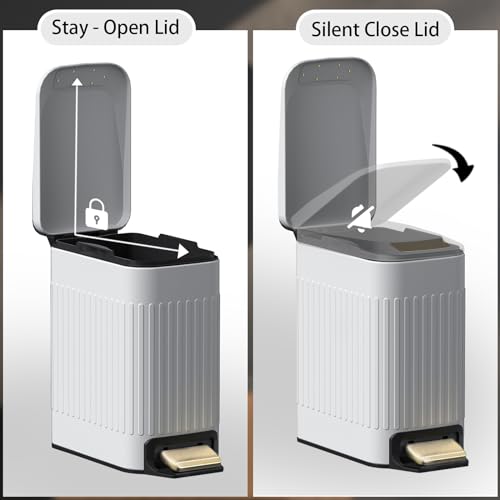 CEROELDA Small Bathroom Trash Can with Plastic Lid, 6L/1.6 Gal Stainless Steel Slim Garbage Can-Metal Wastebasket-Rectangle Pedal Step Trash Bin -for Narrow Kitchen Bedroom Office Toilet-White