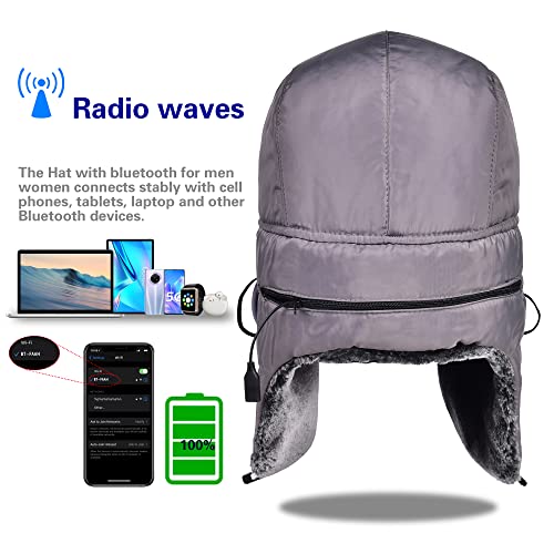 Mens Trapper Hat with Ear Flaps, Bluetooth Hunter Hat，Papakha, Mens Winter Hat, Headphones ajr Hat, Wireless Lumberjack Hat, Winter Face Masks for Women,Men, Grey