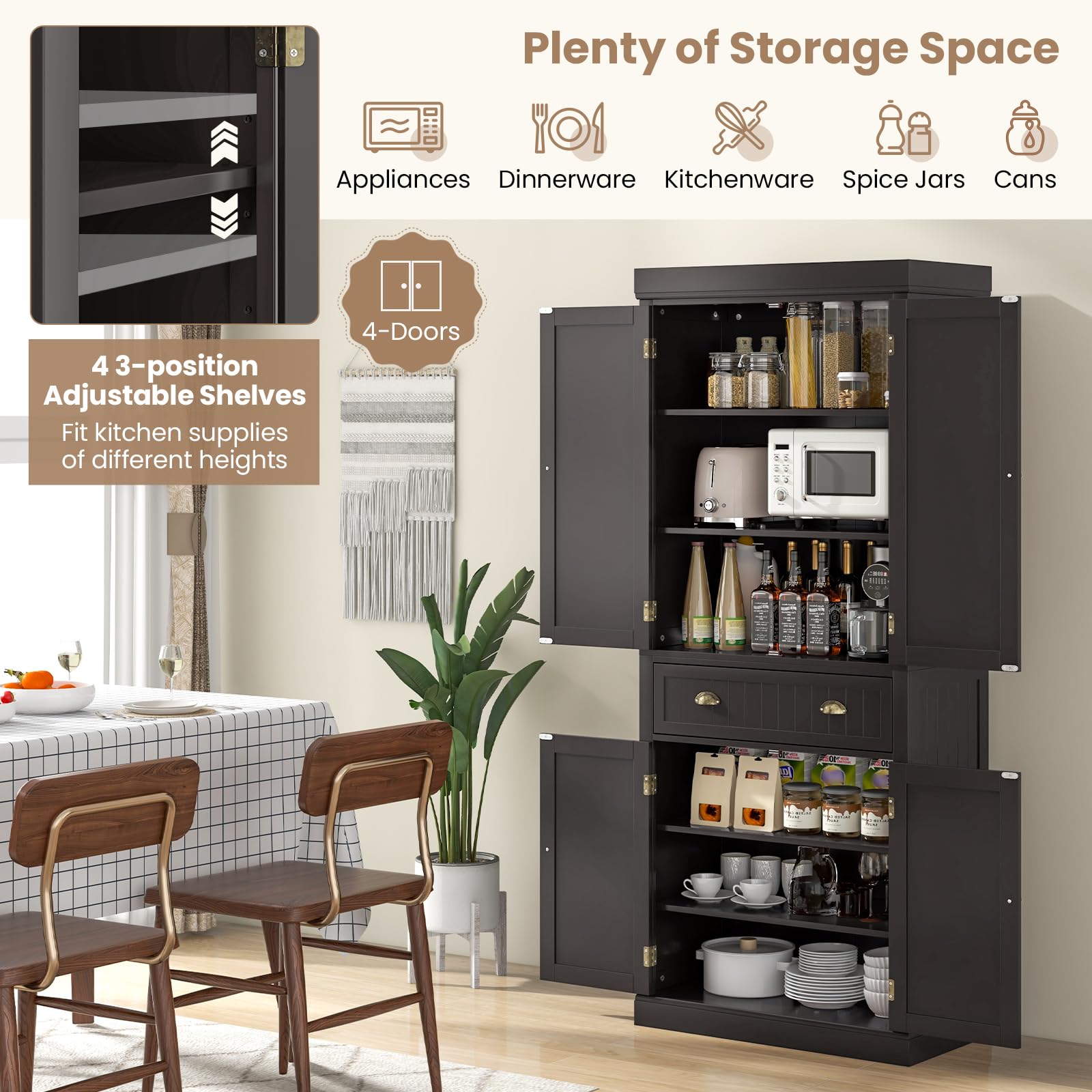 Tangkula 72" H Kitchen Pantry Cupboard Cabinet, Traditional Freestanding Large Tall Storage Cabinet with 2 Cabinets and Drawer, Adjustable Shelves, for Living Room Kitchen, 30 x 16 x 72 Inch