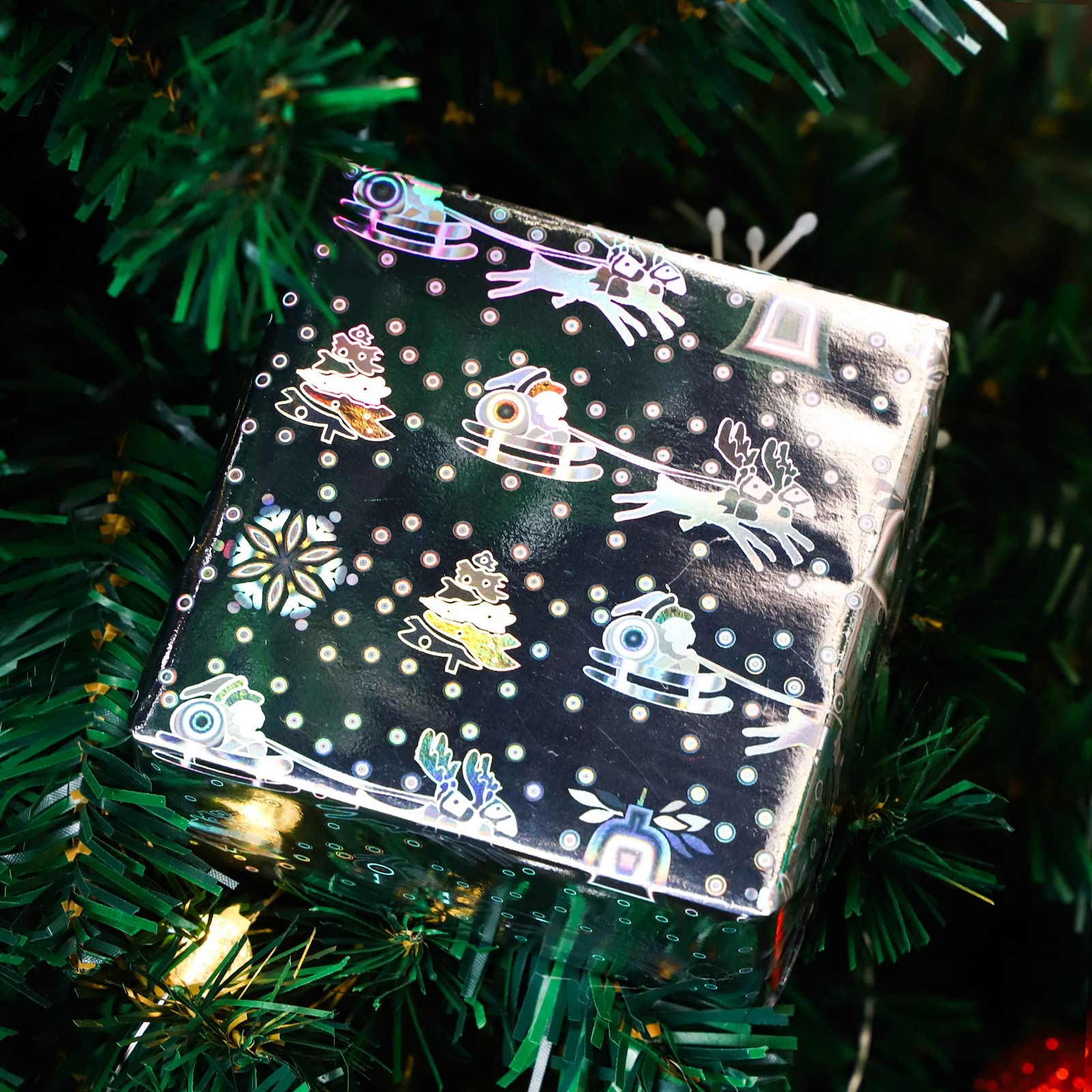 LeZakaa Christmas Holographic Wrapping Paper - Mini Roll - Reindeer and Bell Print for Gift Wrap - 17.32 inches x 32.8 Feet (47.23 sq.ft.)