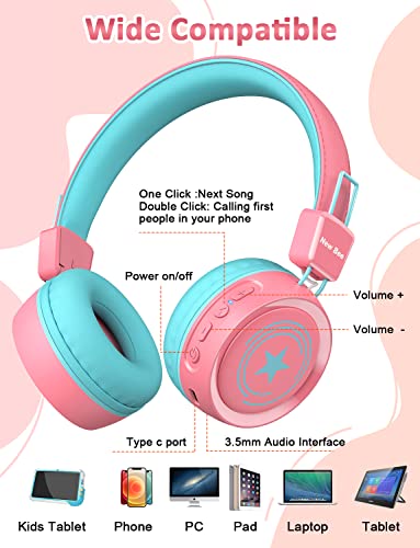 New bee Kids Bluetooth Headphones with Microphone Bluetooth 5.0 Wireless Kids Headphones with 32H Playtime/94dB Volume Limited On Ear Headphones for School/Girls/Boys/iPad/Fire Tablet(Pink)