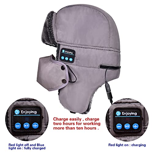 Mens Trapper Hat with Ear Flaps, Bluetooth Hunter Hat，Papakha, Mens Winter Hat, Headphones ajr Hat, Wireless Lumberjack Hat, Winter Face Masks for Women,Men, Grey