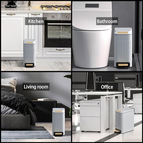 CEROELDA Small Bathroom Trash Can with Plastic Lid, 6L/1.6 Gal Stainless Steel Slim Garbage Can-Metal Wastebasket-Rectangle Pedal Step Trash Bin -for Narrow Kitchen Bedroom Office Toilet-White