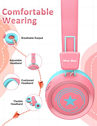 New bee Kids Bluetooth Headphones with Microphone Bluetooth 5.0 Wireless Kids Headphones with 32H Playtime/94dB Volume Limited On Ear Headphones for School/Girls/Boys/iPad/Fire Tablet(Pink)