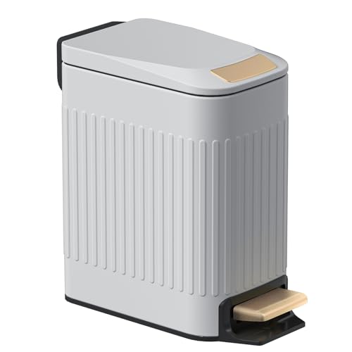 CEROELDA Small Bathroom Trash Can with Plastic Lid, 6L/1.6 Gal Stainless Steel Slim Garbage Can-Metal Wastebasket-Rectangle Pedal Step Trash Bin -for Narrow Kitchen Bedroom Office Toilet-White