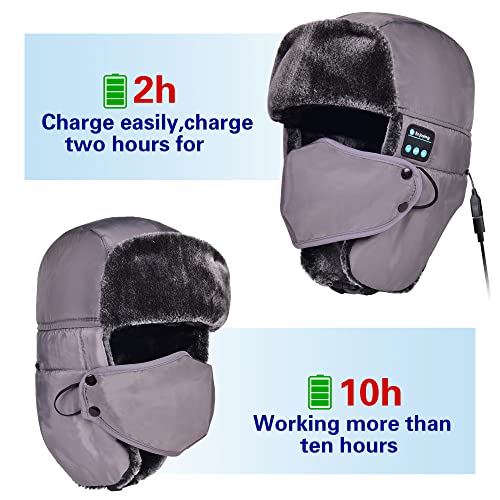 Mens Trapper Hat with Ear Flaps, Bluetooth Hunter Hat，Papakha, Mens Winter Hat, Headphones ajr Hat, Wireless Lumberjack Hat, Winter Face Masks for Women,Men, Grey