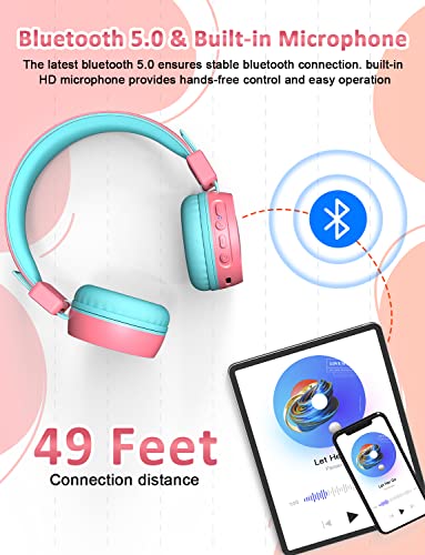 New bee Kids Bluetooth Headphones with Microphone Bluetooth 5.0 Wireless Kids Headphones with 32H Playtime/94dB Volume Limited On Ear Headphones for School/Girls/Boys/iPad/Fire Tablet(Pink)