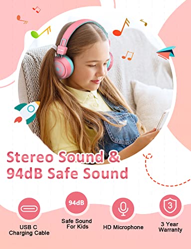 New bee Kids Bluetooth Headphones with Microphone Bluetooth 5.0 Wireless Kids Headphones with 32H Playtime/94dB Volume Limited On Ear Headphones for School/Girls/Boys/iPad/Fire Tablet(Pink)