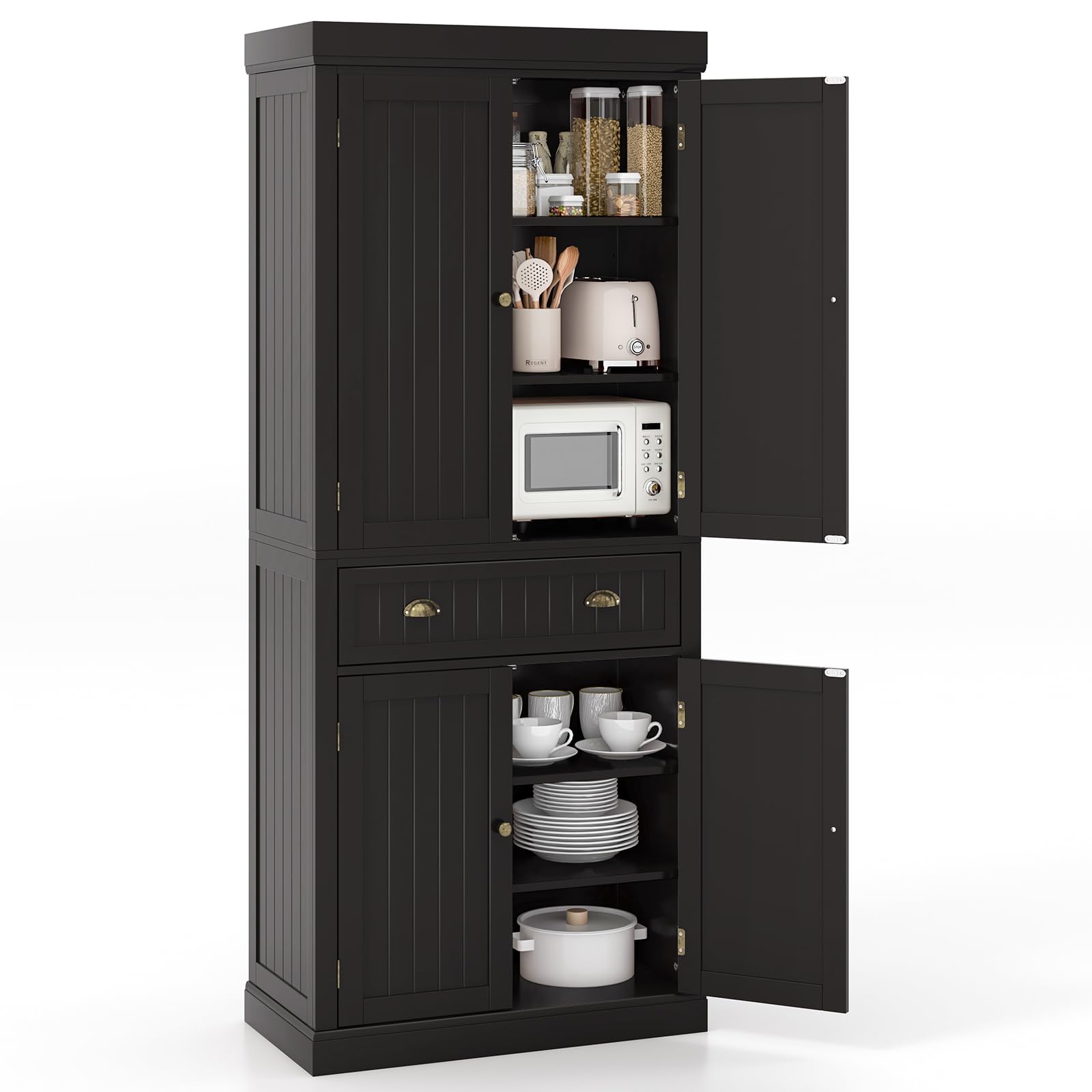 Tangkula 72" H Kitchen Pantry Cupboard Cabinet, Traditional Freestanding Large Tall Storage Cabinet with 2 Cabinets and Drawer, Adjustable Shelves, for Living Room Kitchen, 30 x 16 x 72 Inch