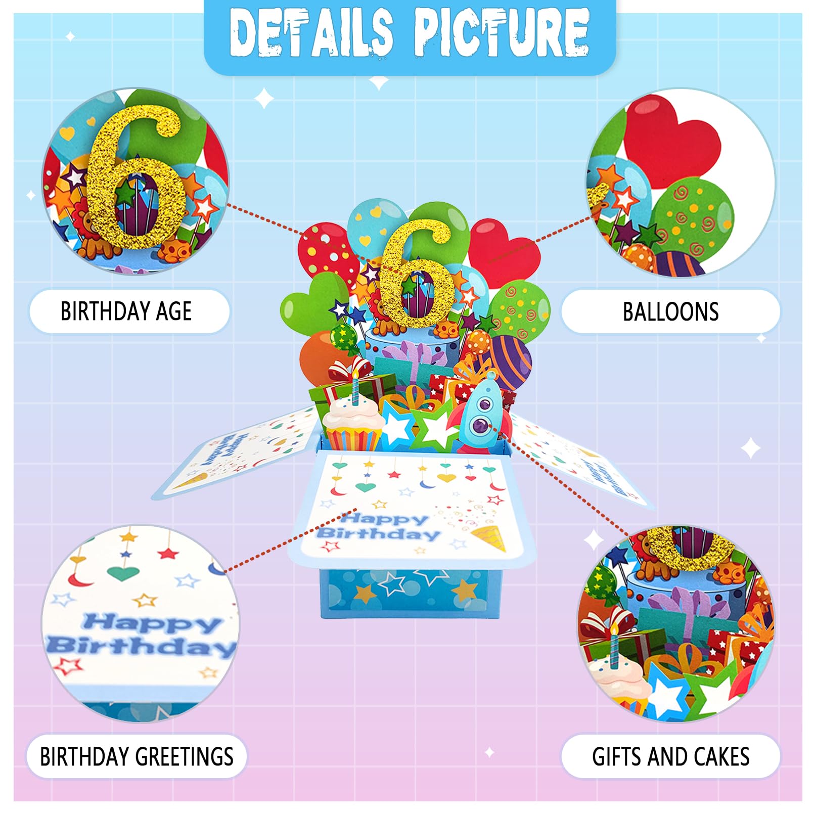 Asmallgf Funny 6th Birthday Pop Up Card from Mom Dad, Splendid 6 Years Old Birthday 3D Greeting Card for Young Boy Girl, Best 6 Bday Gift Ideas for Cute Kids, (As-061-BH)