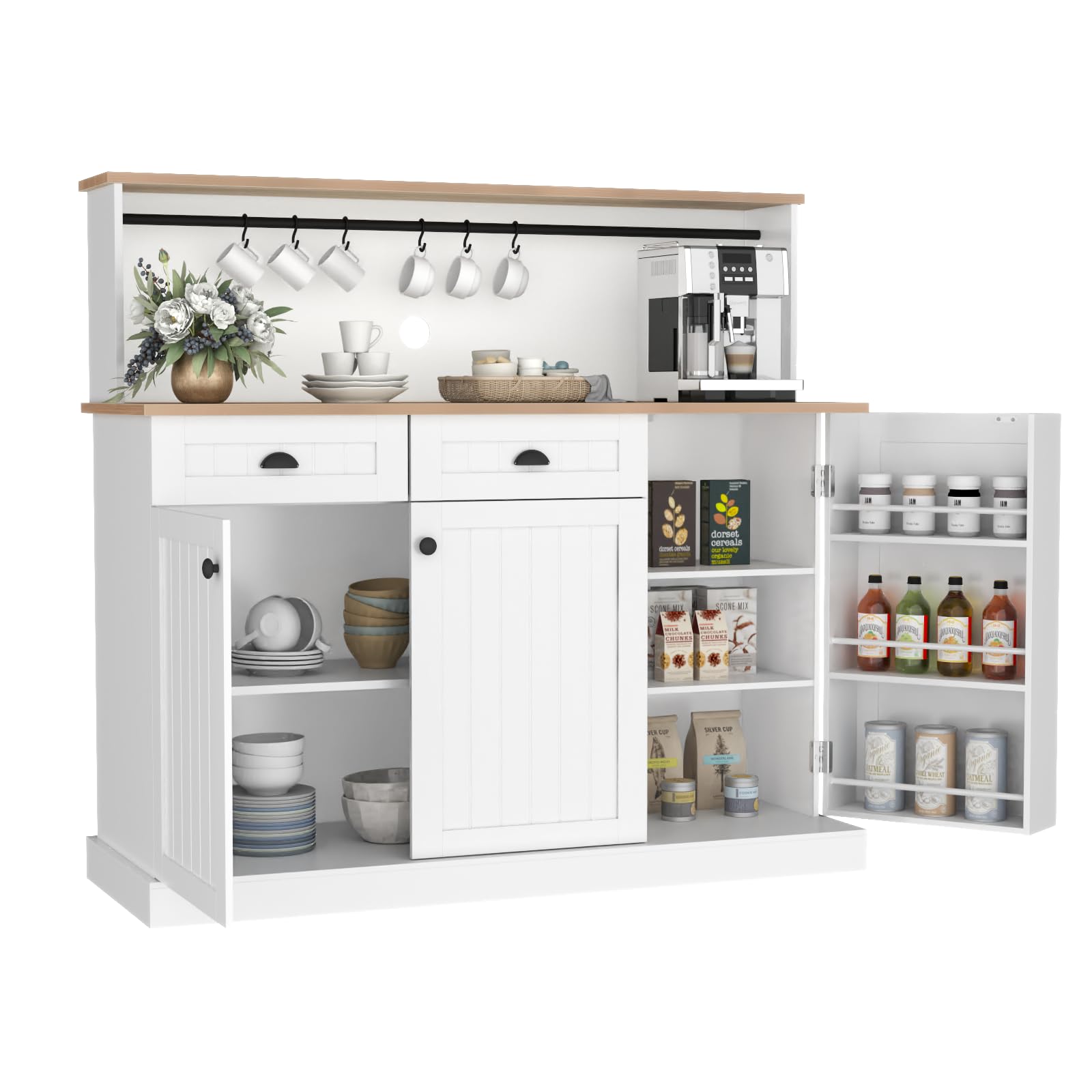 Gyfimoie Sideboard Buffet Cabinet with 2 Drawers, Farmhouse Kitchen Pantry Cabinet with Adjustable Shelves, Coffee Bar Cupboard Cabinet with 3 Doors for Kitchen, Dining Room (White)