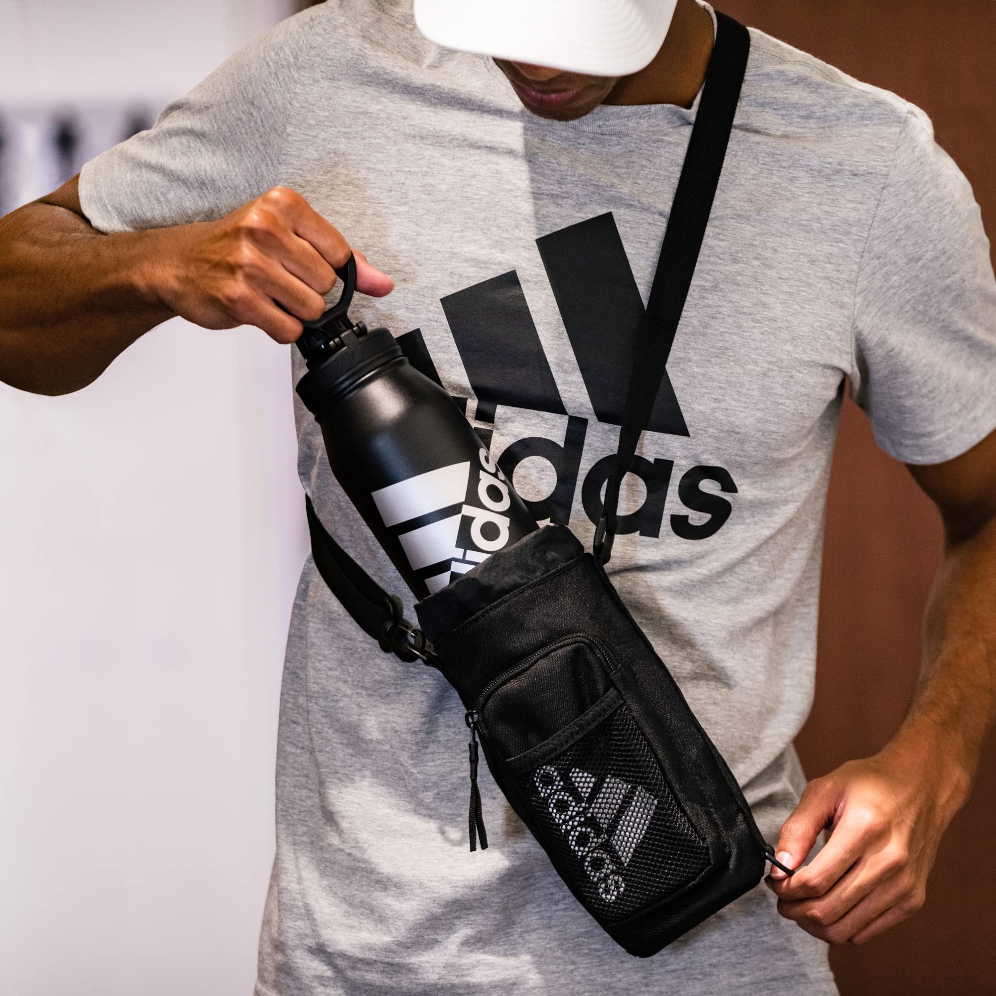 adidas Hydration Crossbody Water Bottle Sling Bag, Black/White, One Size