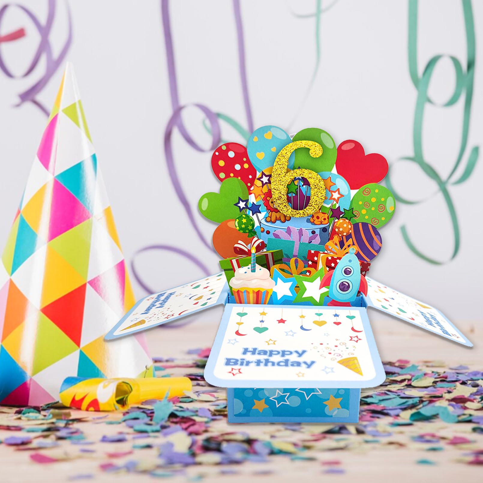 Asmallgf Funny 6th Birthday Pop Up Card from Mom Dad, Splendid 6 Years Old Birthday 3D Greeting Card for Young Boy Girl, Best 6 Bday Gift Ideas for Cute Kids, (As-061-BH)
