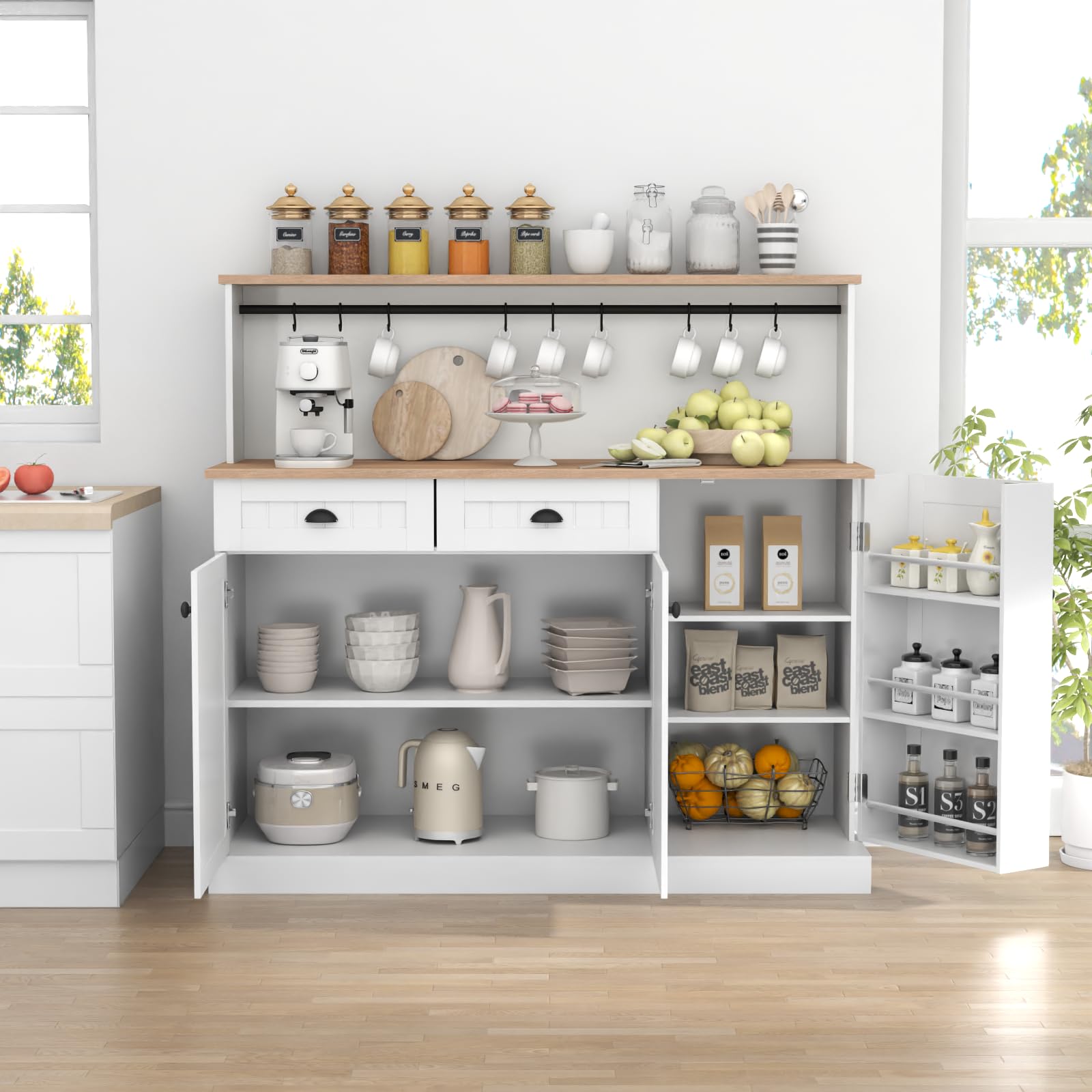 Gyfimoie Sideboard Buffet Cabinet with 2 Drawers, Farmhouse Kitchen Pantry Cabinet with Adjustable Shelves, Coffee Bar Cupboard Cabinet with 3 Doors for Kitchen, Dining Room (White)