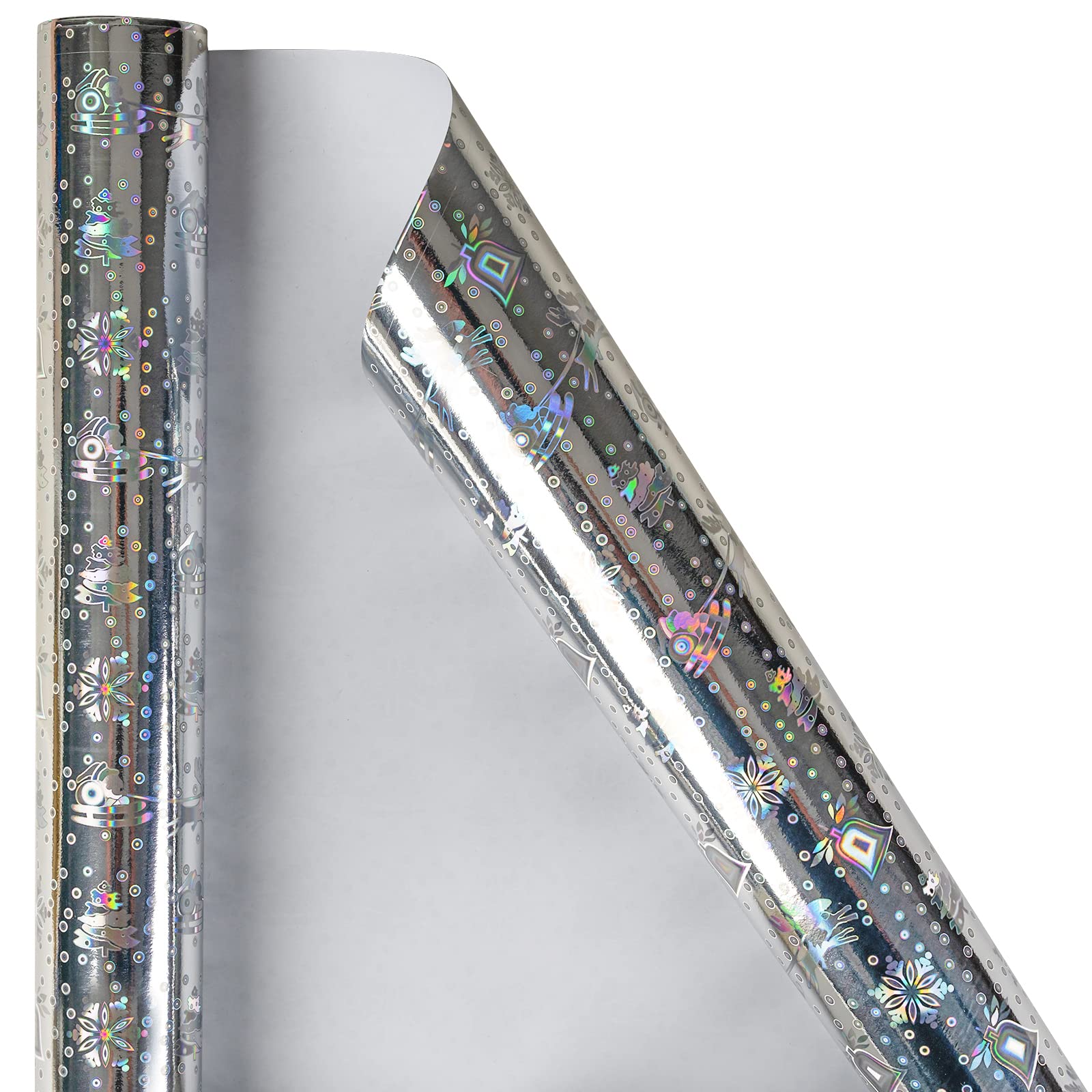 LeZakaa Christmas Holographic Wrapping Paper - Mini Roll - Reindeer and Bell Print for Gift Wrap - 17.32 inches x 32.8 Feet (47.23 sq.ft.)