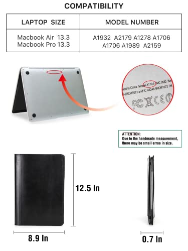 CataPurus Top Grain Leather 13.3" Slim Laptop Folio Case Protector, Vintage Open Style, Fully Handmade, Compatible with MacBook Pro 13.3" MacBook Air M1/M2 ZENBOOK 13.3" & Other PC, Black 13.3 Inch
