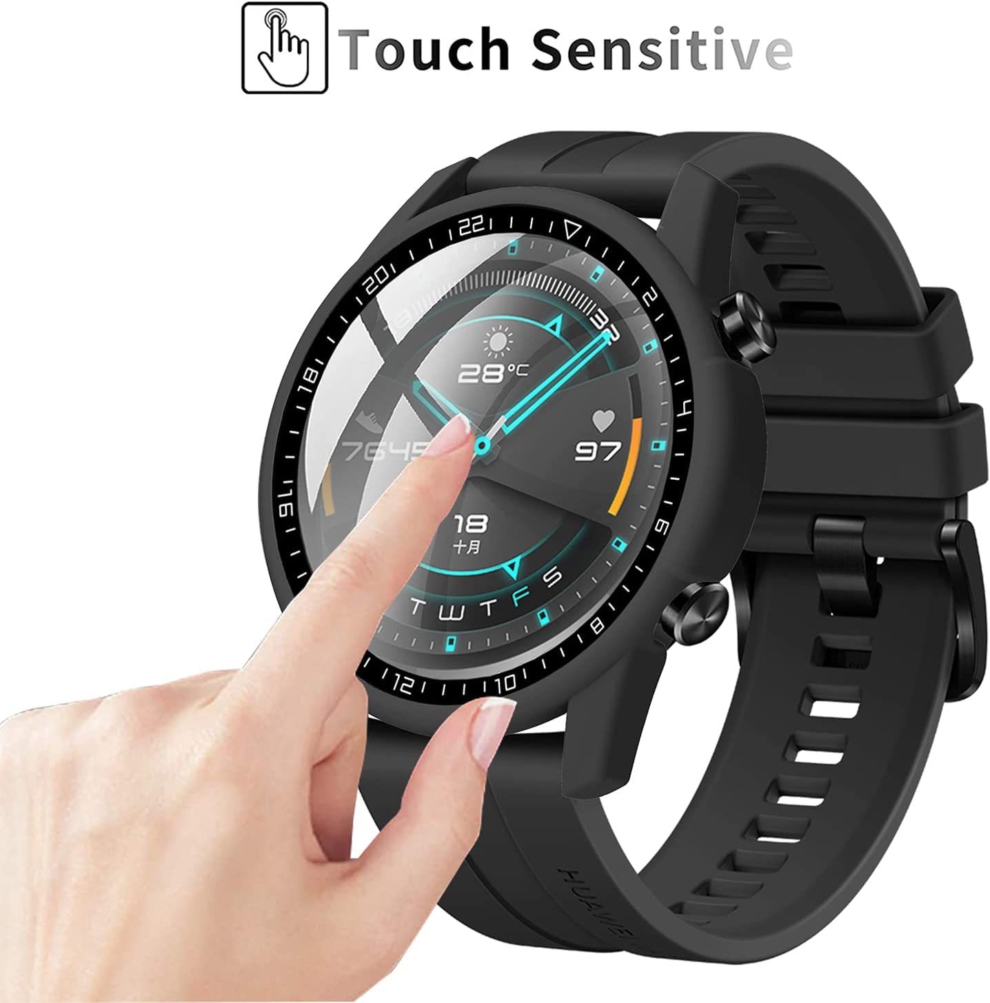 Acadeny [2-Pack] Case with Tempered Glass Screen Protector Compatible for Huawei Watch GT2 46mm, 9H Hardness 360° All-Round Protective Ultra Thin Protective PC Case Cover for - Black Black
