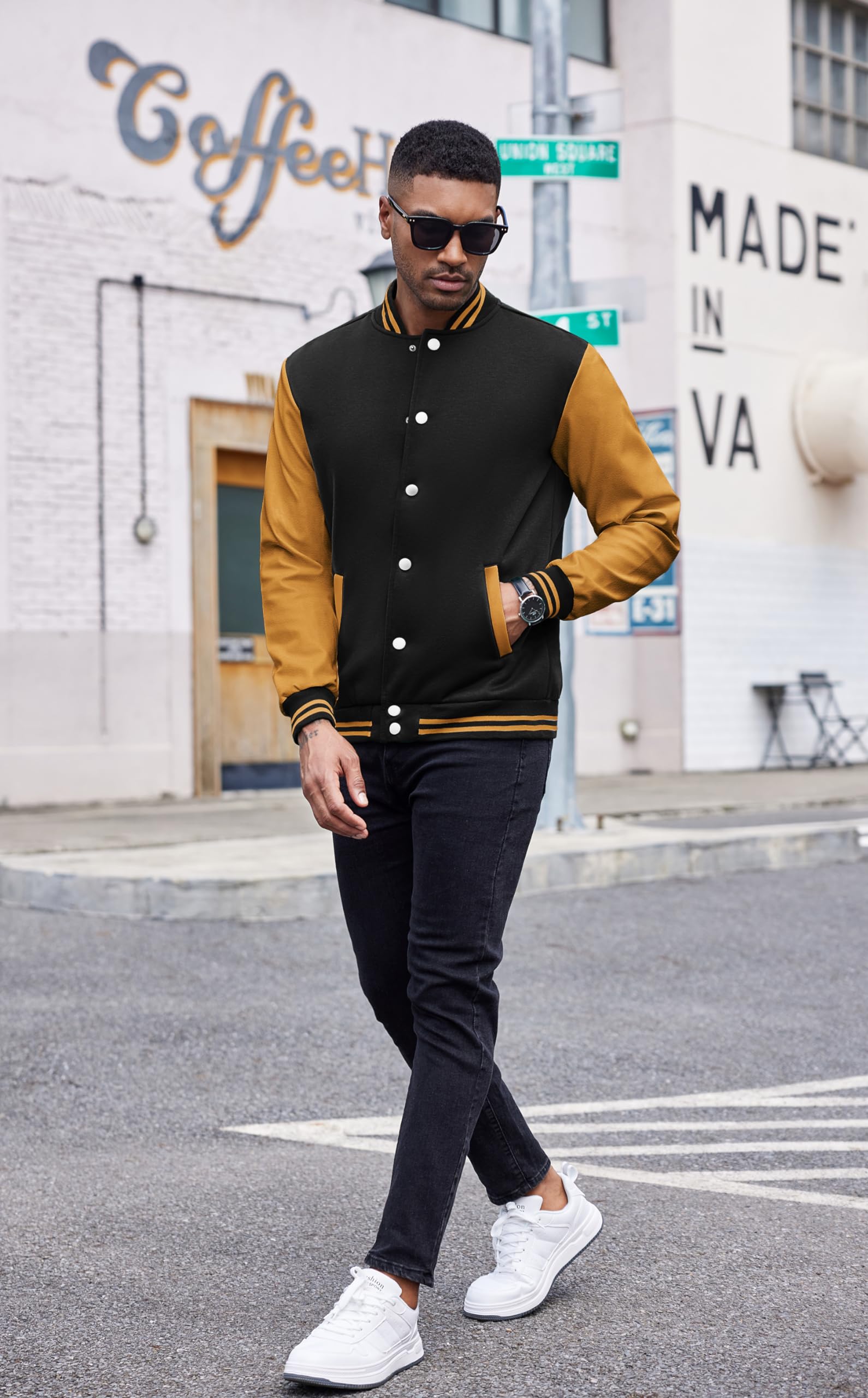 COOFANDY Mens Varsity Bomber Jackets Leather Varsity Letterman Jacket Letter A Winter Black-Yellow Medium