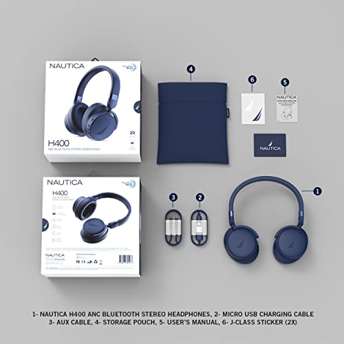 NAUTICA H400 Noise Cancelling (ANC) Bluetooth Headphones, On-Ear Wireless Headphones with Built-in Microphone Bluetooth v5.0 Wireless and Wired Stereo Headset, Deep Bass, Lightweight, Adjustable(NAVY)