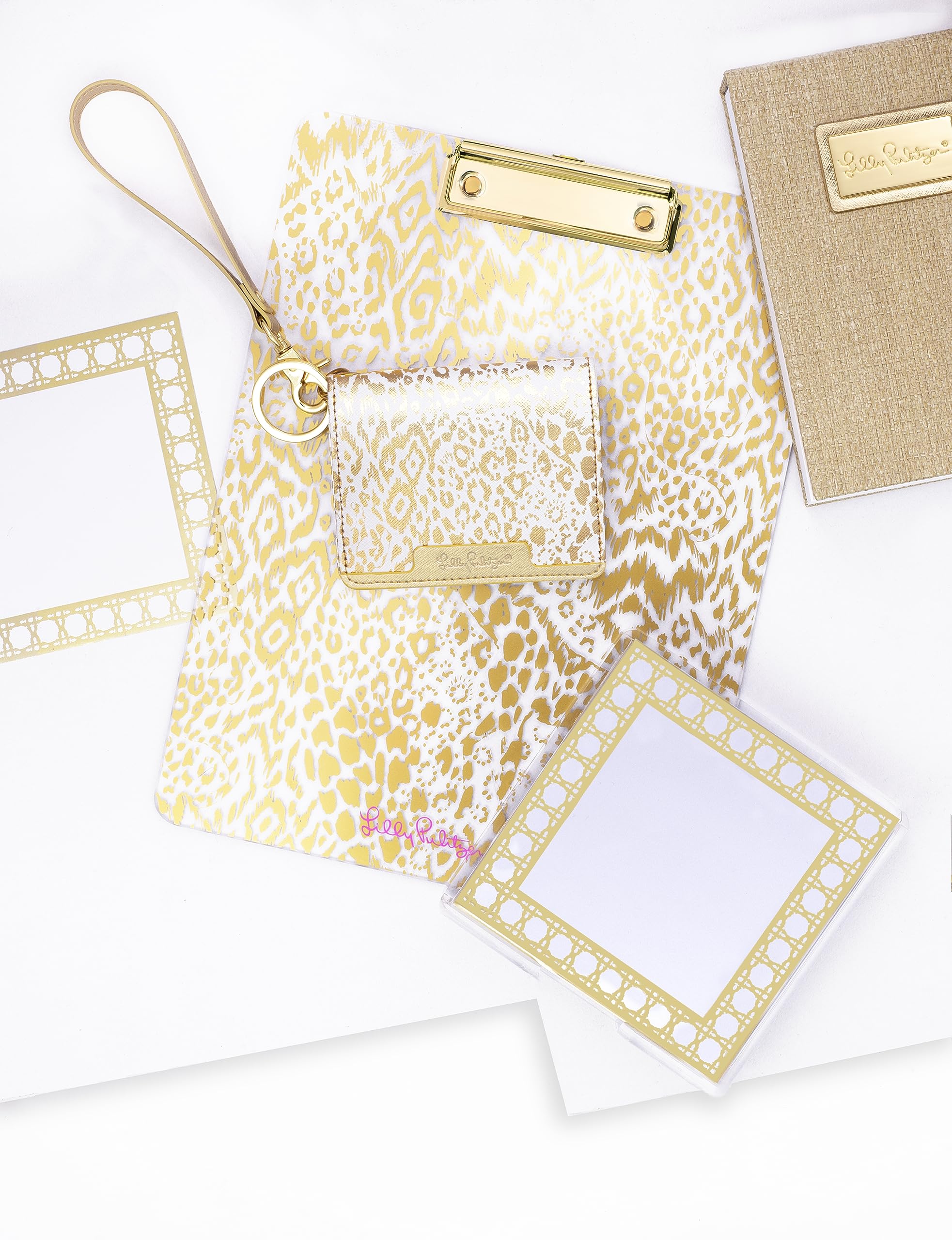 Lilly Pulitzer Vegan Leather Snap ID Card Case, Cute Keychain Wallet, Slim Credit Card Holder with Wristlet Strap, Pattern Play (Gold)