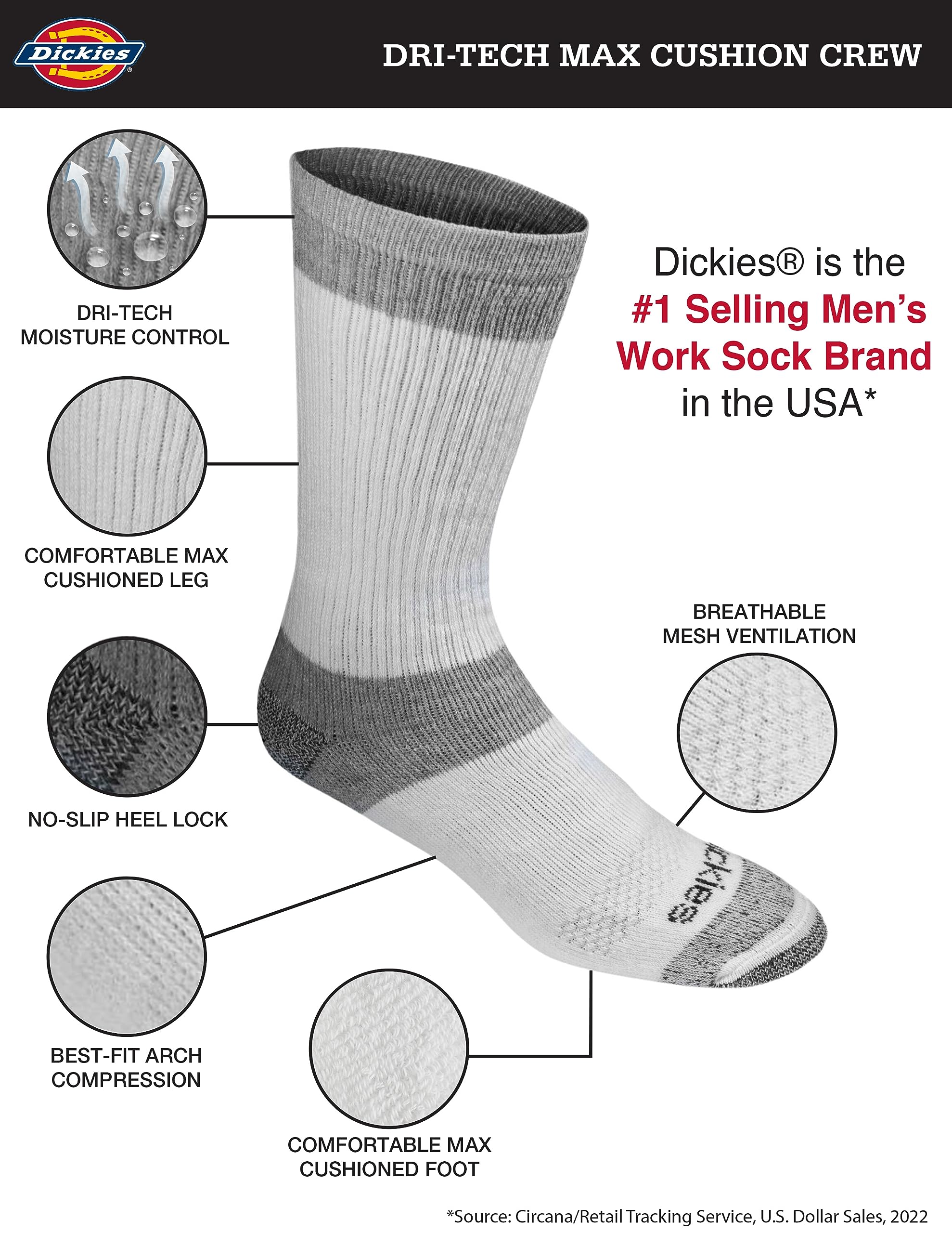 Dickies Men's Dri-Tech Moisture Control Max Full Cushion Crew Socks, Available in M-XL (6, White (12 Pairs), Large