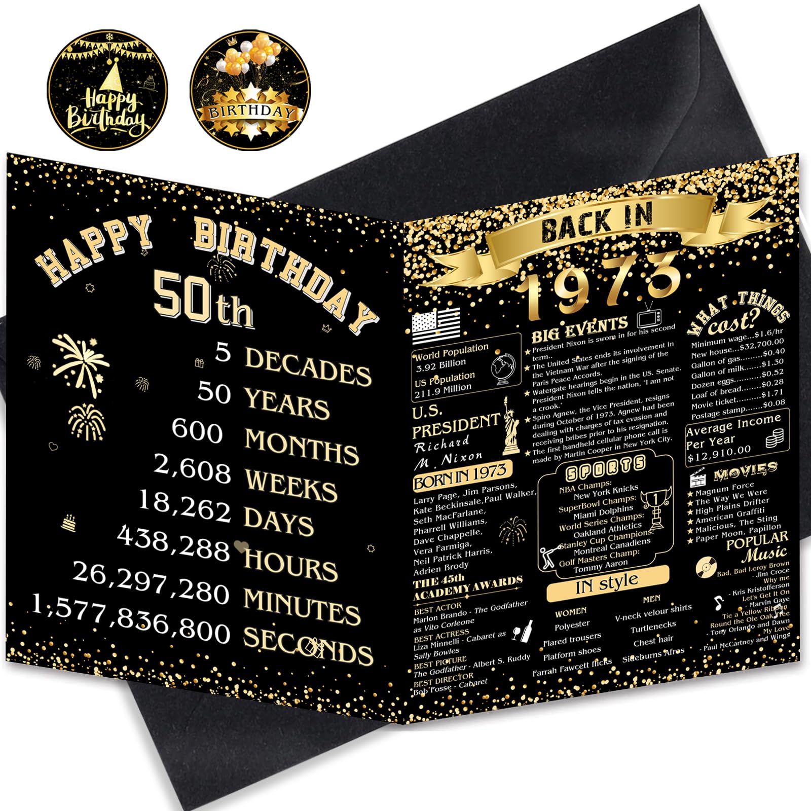 SRuntoo 50th Birthday Gifts for Men Women, 50 Year Old Happy Birthday Greeting Card for Mom Dad Husband Wife, Unique 50 Bday Anniversary Decorations Ideas for Friends Parents, Back In 1973, BlackGold