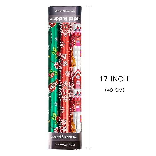 LeZakaa Christmas Metallic Foil Wrapping Paper - Mini Roll - Nutcracker/Snowflake/House Print for Gift Wrap, DIY Craft - 17 x 120 inches - 3 Rolls (42.5 sq.ft.ttl.)