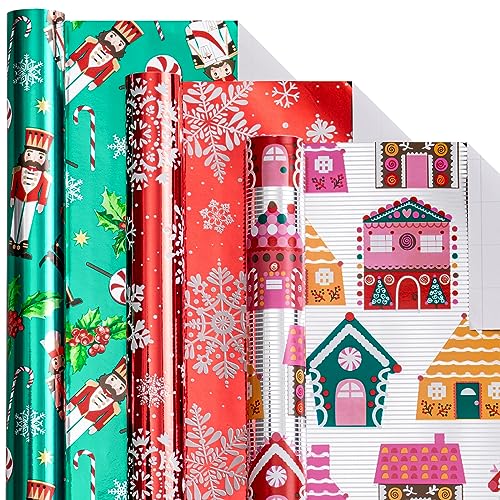 LeZakaa Christmas Metallic Foil Wrapping Paper - Mini Roll - Nutcracker/Snowflake/House Print for Gift Wrap, DIY Craft - 17 x 120 inches - 3 Rolls (42.5 sq.ft.ttl.)