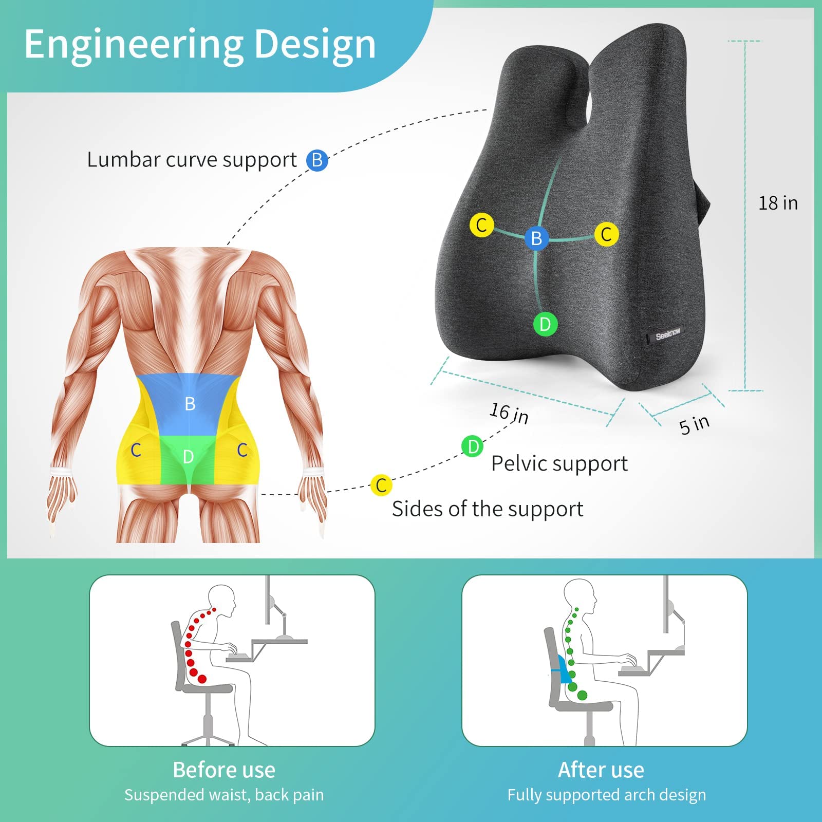 seeknow Lumbar Support Pillow for Office Chair Cushion for Back Pain Relief Office Chair Cushion Car Seat Cushion for Tailbone Pain Relief, Coccyx, Lower Back& Sciatica Pain Relief Butt Pillow Memory