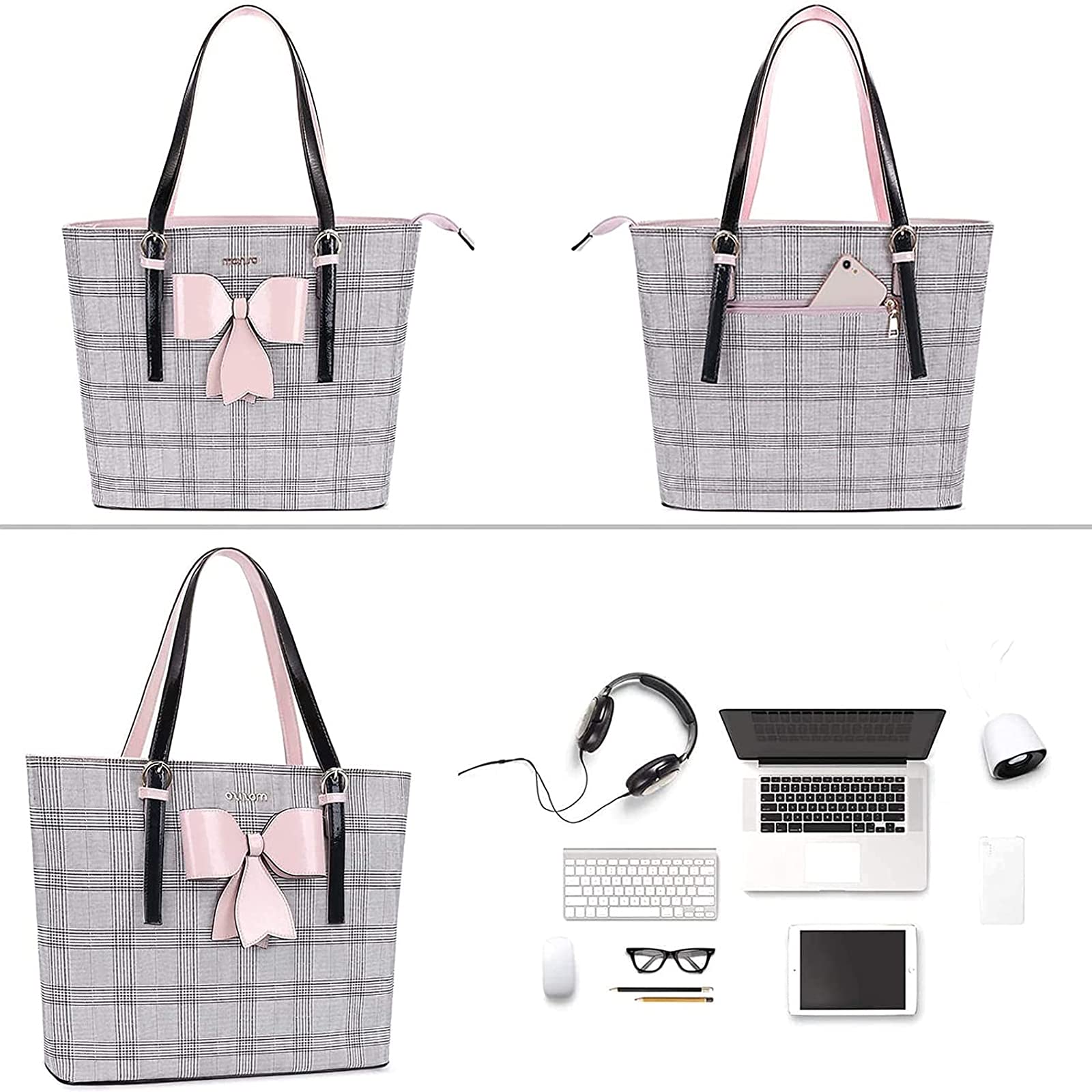 MOSISO Laptop Tote Bag Compatible with MacBook Pro 14 inch M4 M3 M2 M1,Compatible with MacBook Air/Pro,13-13.3 inch Notebook, PU Leather Large Capacity Work Bag Travel Handbag with Grid MO-GID002LTBR