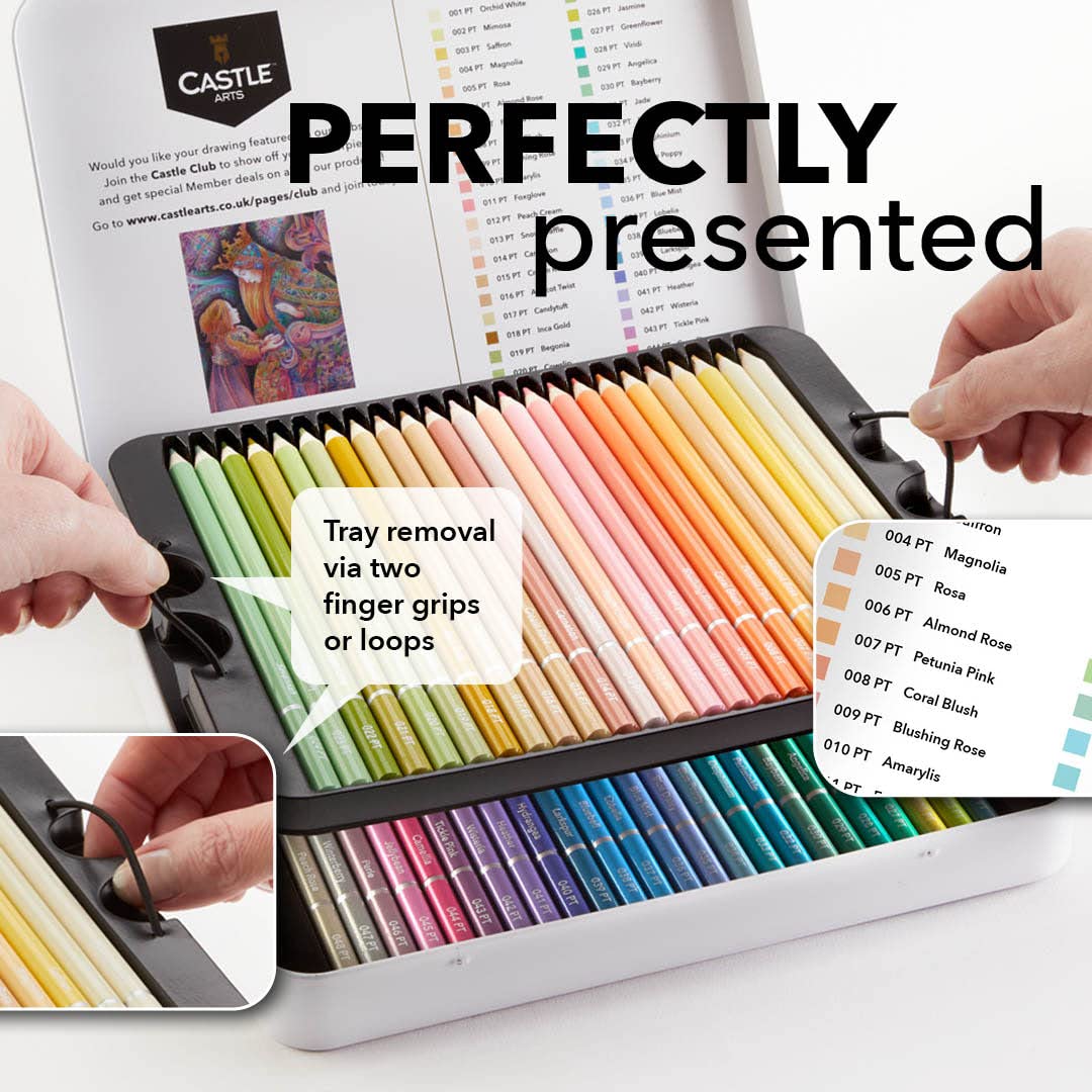 Castle Art Supplies 48 Pasteltint Coloured Pencils Set | Quality Colours in Softer, Sumptuous Tones | For Professional and Adult Artists | Protected and Organised in Presentation Tin Box