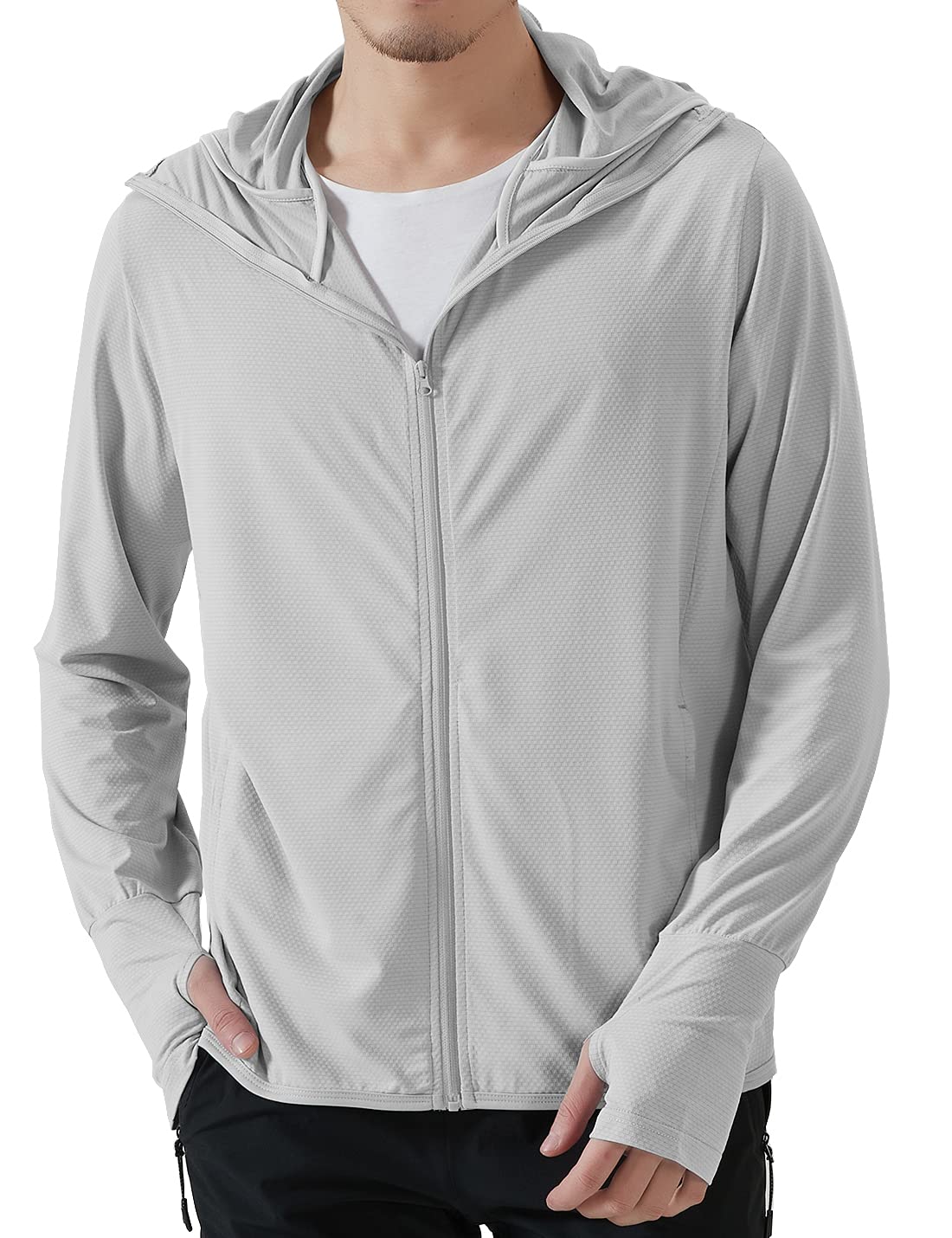 Locachy Men's UPF 50+ Sun Protection Outdoor Lightweight Full Zip Hoodie Jacket Long Sleeve Fishing Hiking Performance Shirt Light Grey M