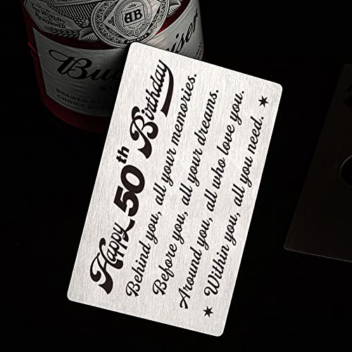 VWALK Happy 50th Birthday Engraved Stainless Steel Message Wallet Card Inserts Customized for Dad,Mom,friends,sister,brother.
