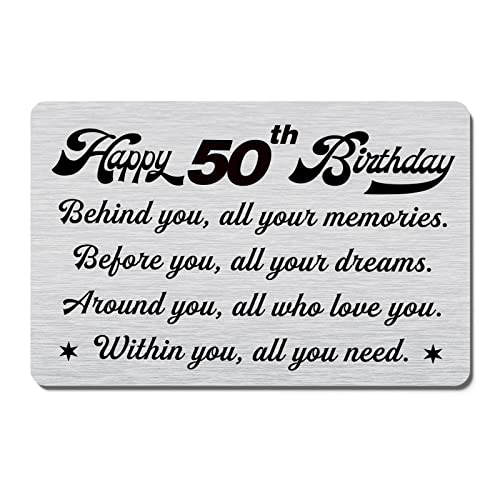 VWALK Happy 50th Birthday Engraved Stainless Steel Message Wallet Card Inserts Customized for Dad,Mom,friends,sister,brother.