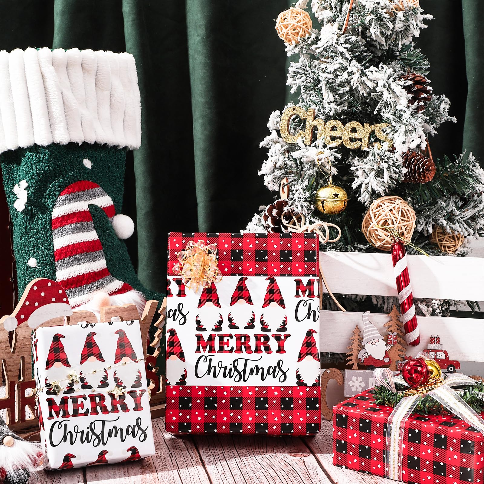 LeZakaa Reversible Christmas Wrapping Paper - Jumbo Roll - Gnome & Buffalo Plaid - 30 inches x 100 Feet (250 sq.ft.)